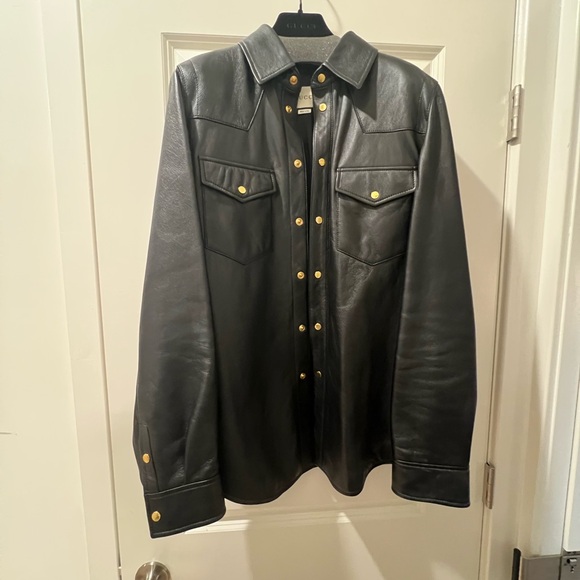 Gucci | Jackets & Coats | Gucci Embossed Logo Leather Shirt Jacket ...